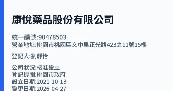 康悅藥品股份有限公司的照片-統編 90478503(桃園市) 公司登記資料與營業項目詳細圖表
