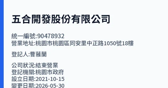 五合開發股份有限公司的照片-統編 90478932(桃園市) 公司登記資料與營業項目詳細圖表