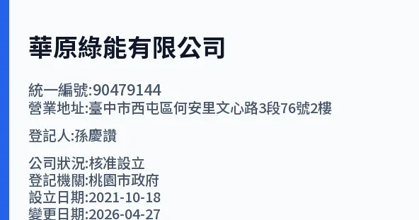 華原綠能有限公司的照片-統編 90479144(臺中市) 公司登記資料與營業項目詳細圖表