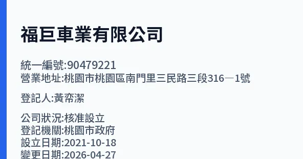 福巨車業有限公司的照片-統編 90479221(桃園市) 公司登記資料與營業項目詳細圖表