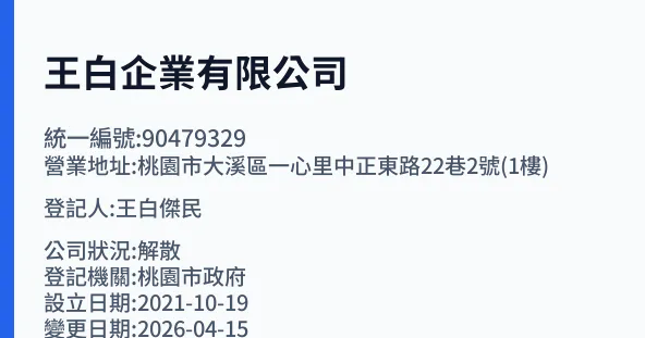 王白企業有限公司的照片-統編 90479329(桃園市) 公司登記資料與營業項目詳細圖表