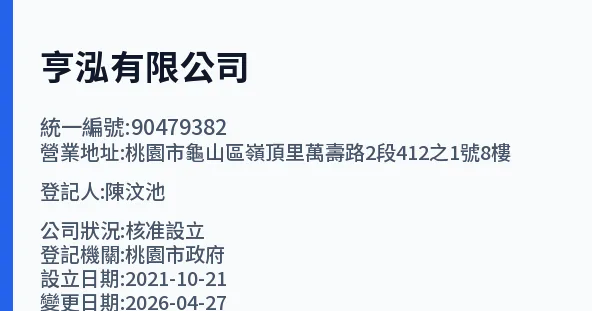 亨泓有限公司的照片-統編 90479382(桃園市) 公司登記資料與營業項目詳細圖表