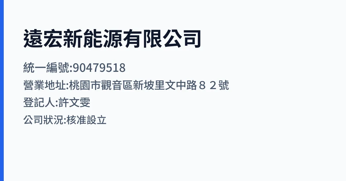 遠宏新能源有限公司 - 統編 90479518(桃園市) 公司登記資料與營業項目詳細圖表