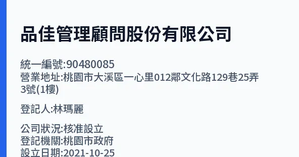 品佳管理顧問股份有限公司的照片-統編 90480085(桃園市) 公司登記資料與營業項目詳細圖表