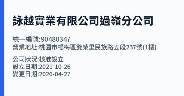詠越實業有限公司過嶺分公司的照片-統編 90480347(桃園市) 公司登記資料與營業項目詳細圖表