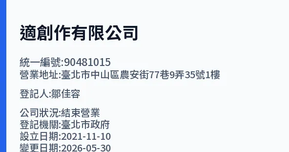 適創作有限公司的照片-統編 90481015(臺北市) 公司登記資料與營業項目詳細圖表