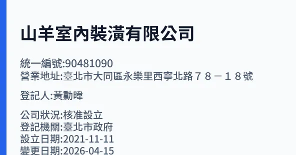 山羊室內裝潢有限公司的照片-統編 90481090(臺北市) 公司登記資料與營業項目詳細圖表