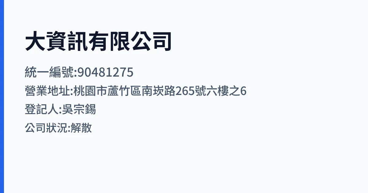 大資訊有限公司 - 統編 90481275(桃園市) 公司登記資料與營業項目詳細圖表