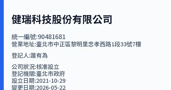 健瑞科技股份有限公司的照片-統編 90481681(臺北市) 公司登記資料與營業項目詳細圖表
