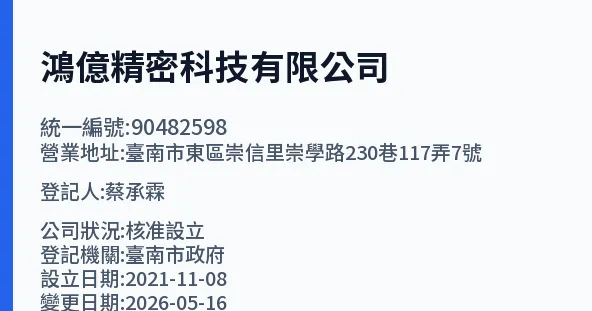 鴻億精密科技有限公司的照片-統編 90482598(臺南市) 公司登記資料與營業項目詳細圖表