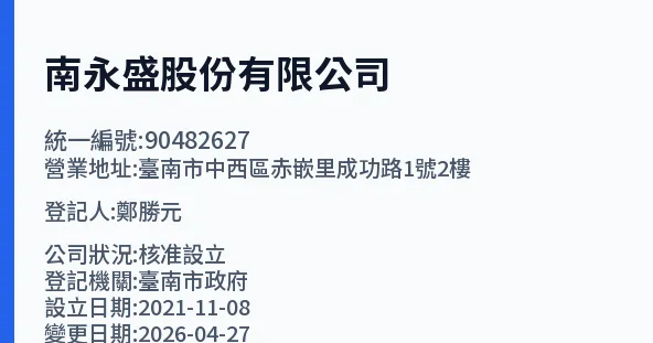 南永盛股份有限公司的照片-統編 90482627(臺南市) 公司登記資料與營業項目詳細圖表