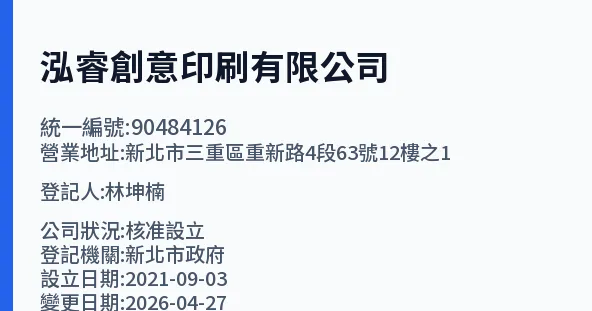 泓睿創意印刷有限公司的照片-統編 90484126(新北市) 公司登記資料與營業項目詳細圖表