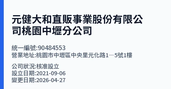 元健大和直販事業股份有限公司桃園中壢分公司的照片-統編 90484553(桃園市) 公司登記資料與營業項目詳細圖表