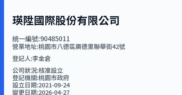瑛陞國際股份有限公司的照片-統編 90485011(桃園市) 公司登記資料與營業項目詳細圖表