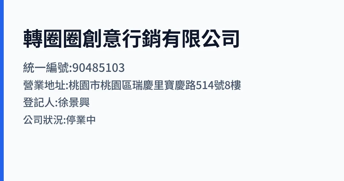 轉圈圈創意行銷有限公司 - 統編 90485103（桃園市） 公司登記資料與營業項目詳細圖表