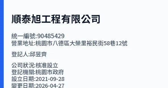 順泰旭工程有限公司的照片-統編 90485429(桃園市) 公司登記資料與營業項目詳細圖表