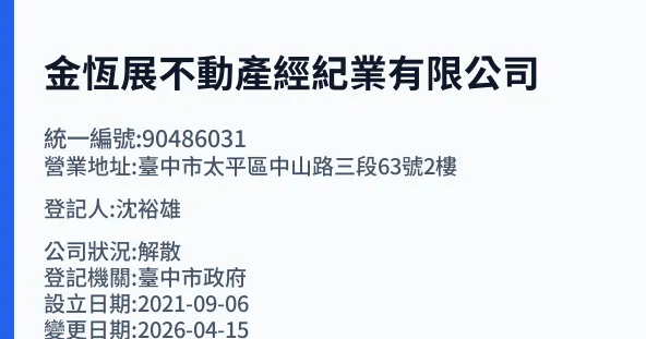 金恆展不動產經紀業有限公司的照片-統編 90486031(臺中市) 公司登記資料與營業項目詳細圖表