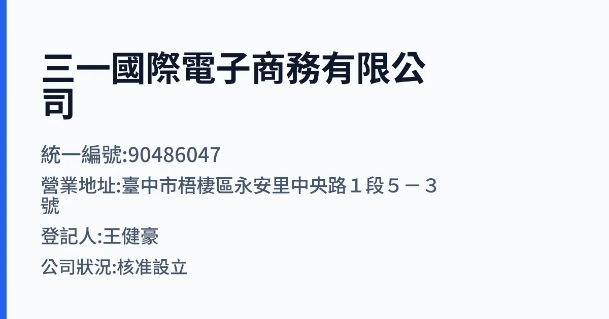 三一國際電子商務有限公司 - 統編 90486047(臺中市) 公司登記資料與營業項目詳細圖表