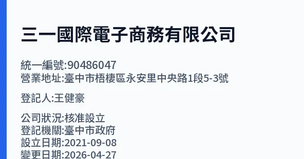 三一國際電子商務有限公司的照片-統編 90486047(臺中市) 公司登記資料與營業項目詳細圖表