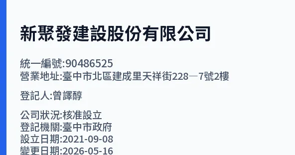 新聚發建設股份有限公司的照片-統編 90486525(臺中市) 公司登記資料與營業項目詳細圖表