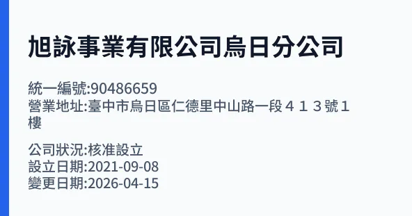 旭詠事業有限公司烏日分公司的照片-統編 90486659(臺中市) 公司登記資料與營業項目詳細圖表