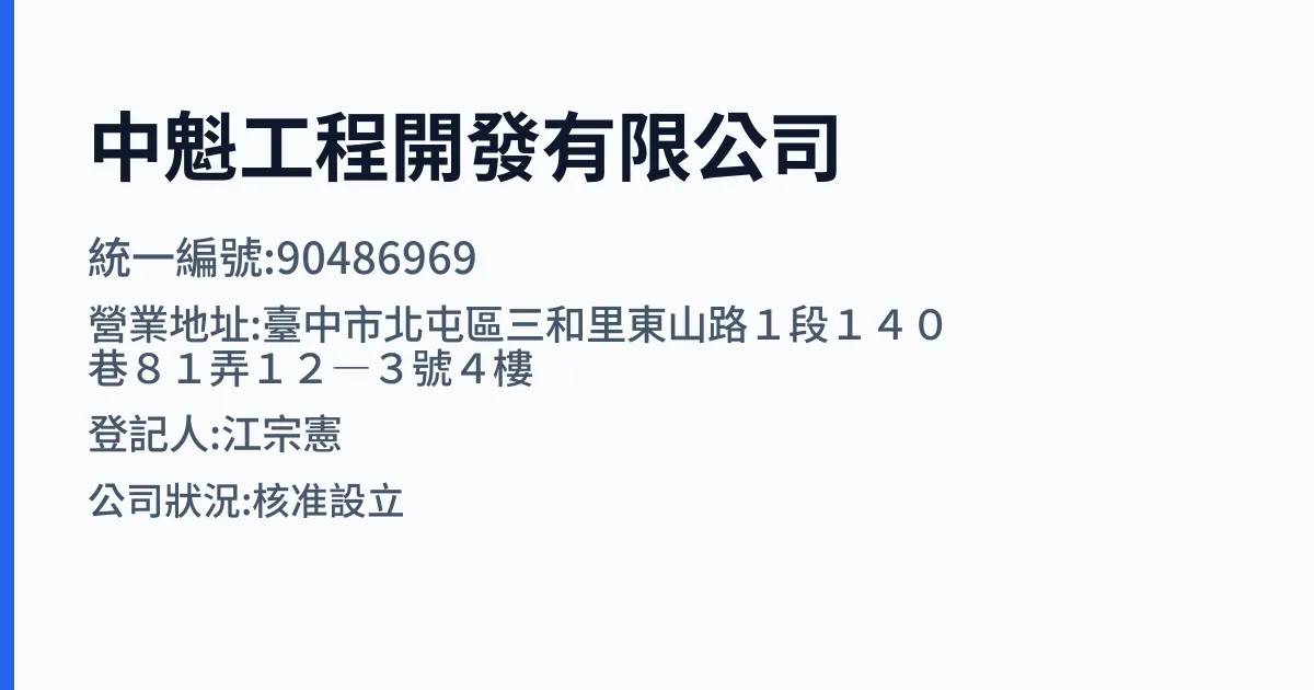 中魁工程開發有限公司 - 統編 90486969(臺中市) 公司登記資料與營業項目詳細圖表