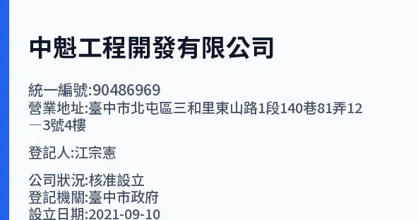中魁工程開發有限公司的照片-統編 90486969(臺中市) 公司登記資料與營業項目詳細圖表
