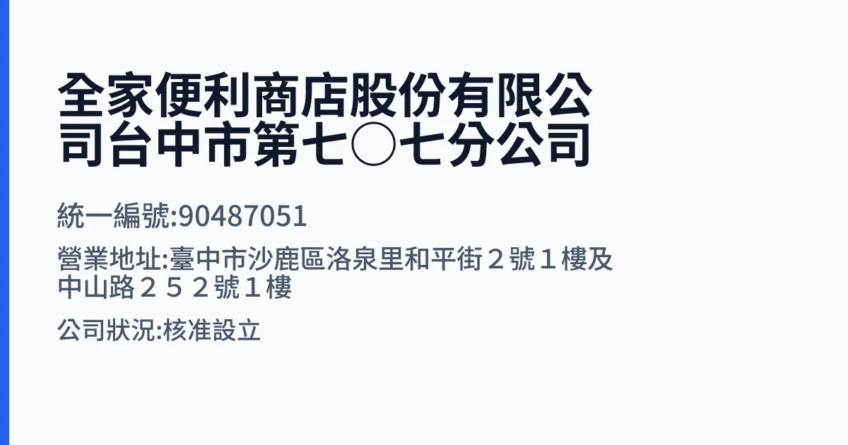 全家便利商店股份有限公司台中市第七○七分公司 - 統編 90487051(臺中市) 公司登記資料與營業項目詳細圖表