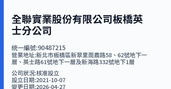 全聯實業股份有限公司板橋英士分公司的照片-統編 90487215(新北市) 公司登記資料與營業項目詳細圖表