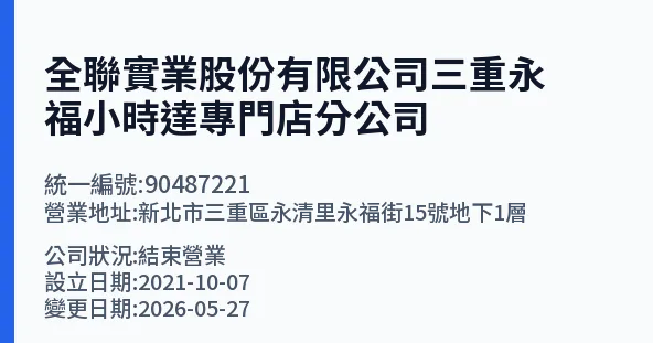 全聯實業股份有限公司三重永福小時達專門店分公司的照片-統編 90487221(新北市) 公司登記資料與營業項目詳細圖表
