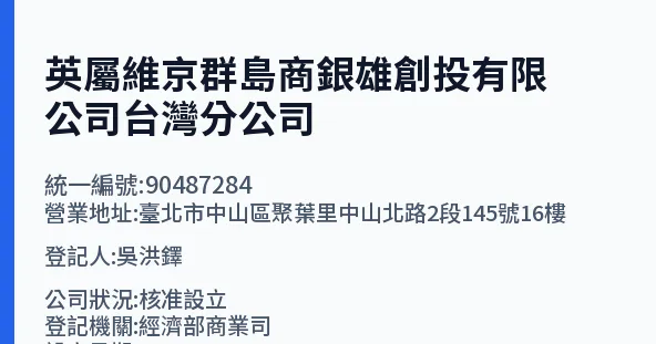 英屬維京群島商銀雄創投有限公司台灣分公司的照片-統編 90487284(臺北市) 公司登記資料與營業項目詳細圖表