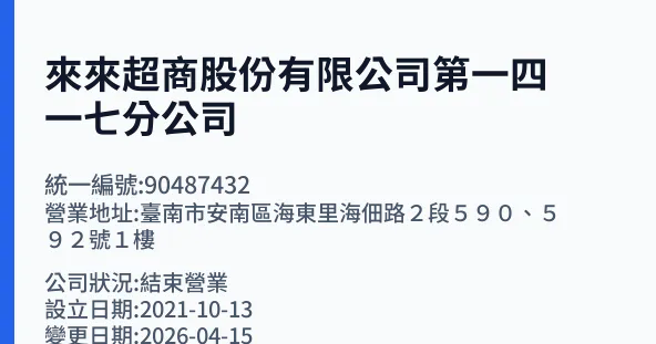 來來超商股份有限公司第一四一七分公司的照片-統編 90487432(臺南市) 公司登記資料與營業項目詳細圖表