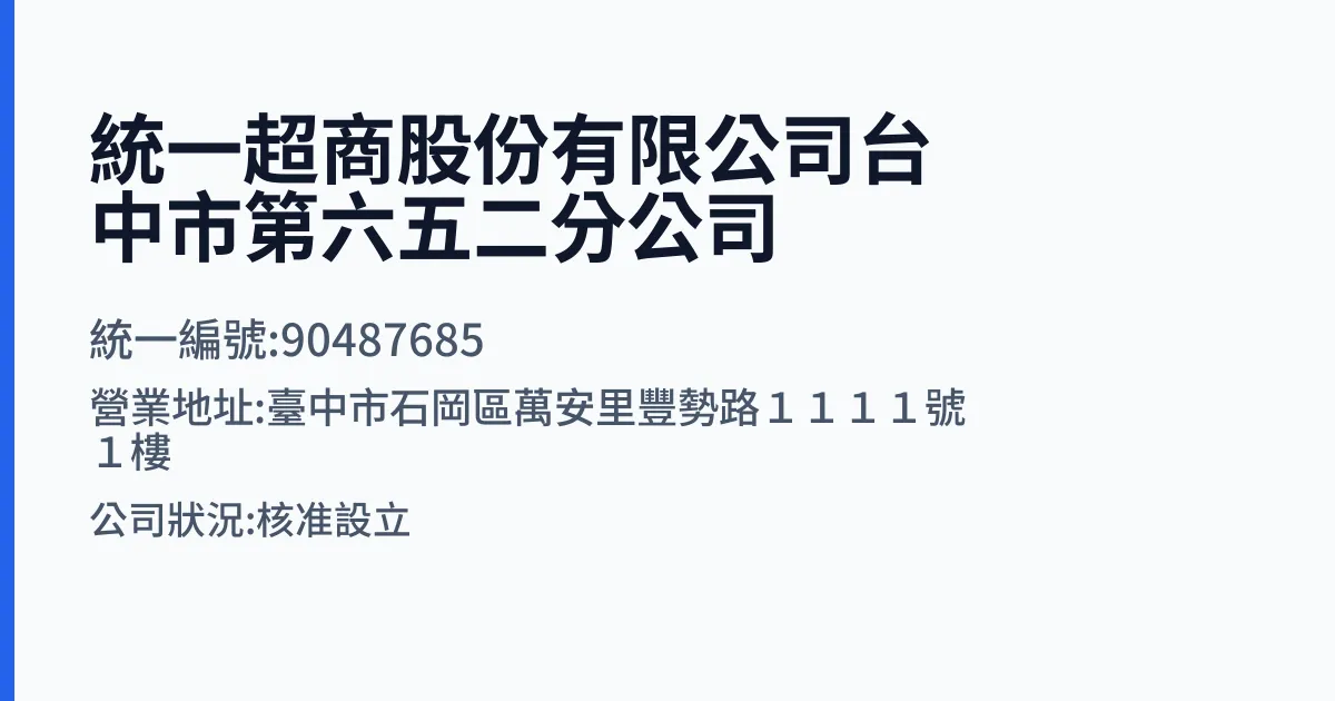 統一超商股份有限公司台中市第六五二分公司 - 統編 90487685(臺中市) 公司登記資料與營業項目詳細圖表