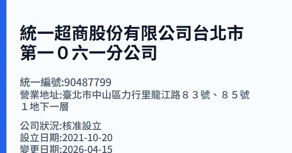 統一超商股份有限公司台北市第一０六一分公司的照片-統編 90487799(臺北市) 公司登記資料與營業項目詳細圖表