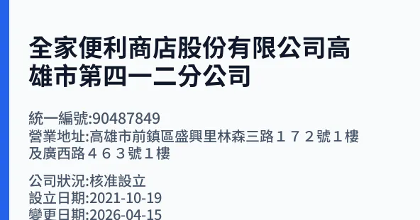 全家便利商店股份有限公司高雄市第四一二分公司的照片-統編 90487849(高雄市) 公司登記資料與營業項目詳細圖表