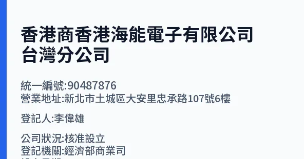 香港商香港海能電子有限公司台灣分公司的照片-統編 90487876(新北市) 公司登記資料與營業項目詳細圖表
