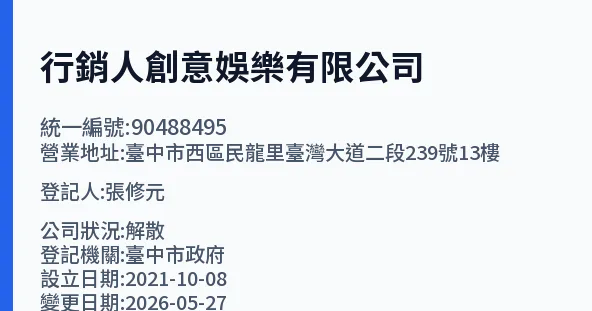 行銷人創意娛樂有限公司的照片-統編 90488495(臺中市) 公司登記資料與營業項目詳細圖表