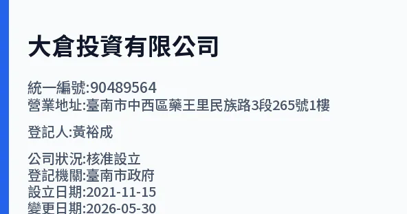 大倉投資有限公司的照片-統編 90489564(臺南市) 公司登記資料與營業項目詳細圖表