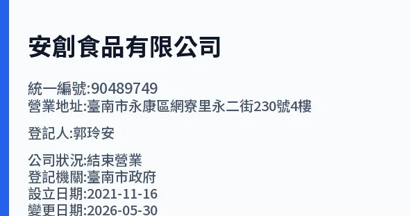安創食品有限公司的照片-統編 90489749(臺南市) 公司登記資料與營業項目詳細圖表