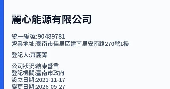 麗心能源有限公司的照片-統編 90489781(臺南市) 公司登記資料與營業項目詳細圖表