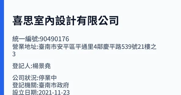 喜思室內設計有限公司的照片-統編 90490176(臺南市) 公司登記資料與營業項目詳細圖表