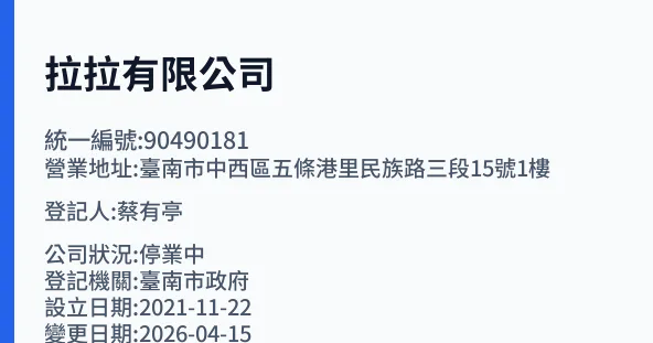 拉拉有限公司的照片-統編 90490181(臺南市) 公司登記資料與營業項目詳細圖表