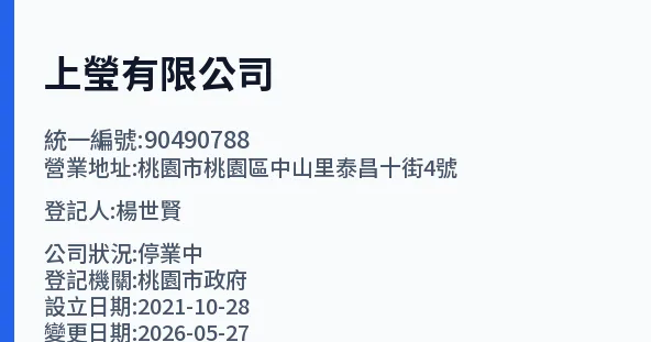 上瑩有限公司的照片-統編 90490788(桃園市) 公司登記資料與營業項目詳細圖表