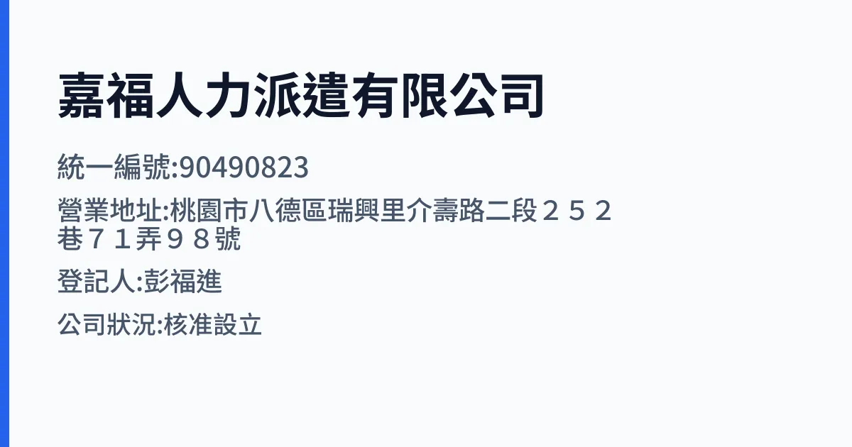 嘉福人力派遣有限公司 - 統編 90490823(桃園市) 公司登記資料與營業項目詳細圖表