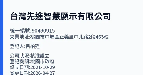 台灣先進智慧顯示有限公司的照片-統編 90490915(桃園市) 公司登記資料與營業項目詳細圖表