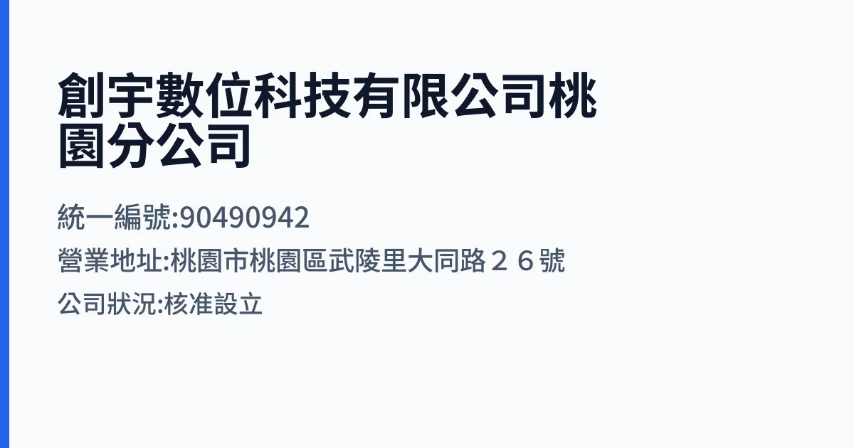 創宇數位科技有限公司桃園分公司 - 統編 90490942(桃園市) 公司登記資料與營業項目詳細圖表