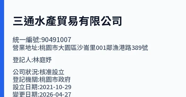 三通水產貿易有限公司的照片-統編 90491007(桃園市) 公司登記資料與營業項目詳細圖表