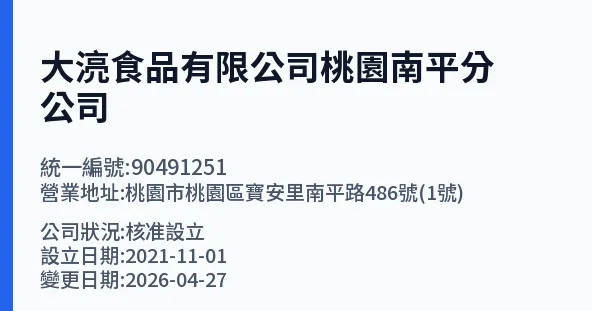 大湸食品有限公司桃園南平分公司的照片-統編 90491251(桃園市) 公司登記資料與營業項目詳細圖表