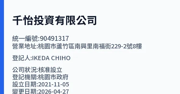 千怡投資有限公司的照片-統編 90491317(桃園市) 公司登記資料與營業項目詳細圖表