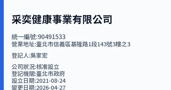 采奕健康事業有限公司的照片-統編 90491533(臺北市) 公司登記資料與營業項目詳細圖表